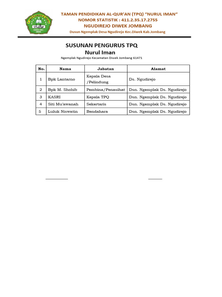 Susunan Pengurus TPQ | PDF
