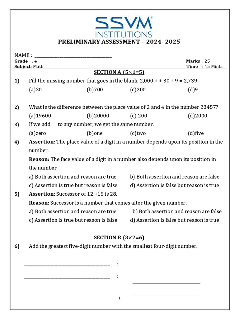 g4 - Maths - QP - Preliminary Assessment - July | PDF