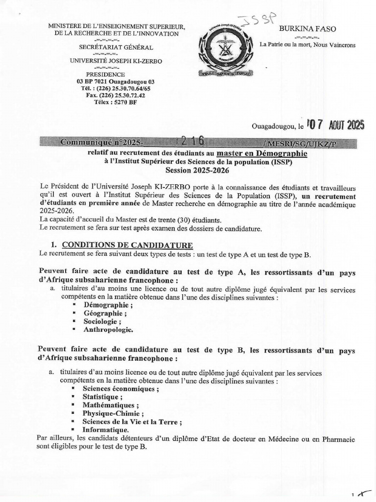 Communiqué - Recrutement - ISSP - Master Démographie - 2025 | PDF