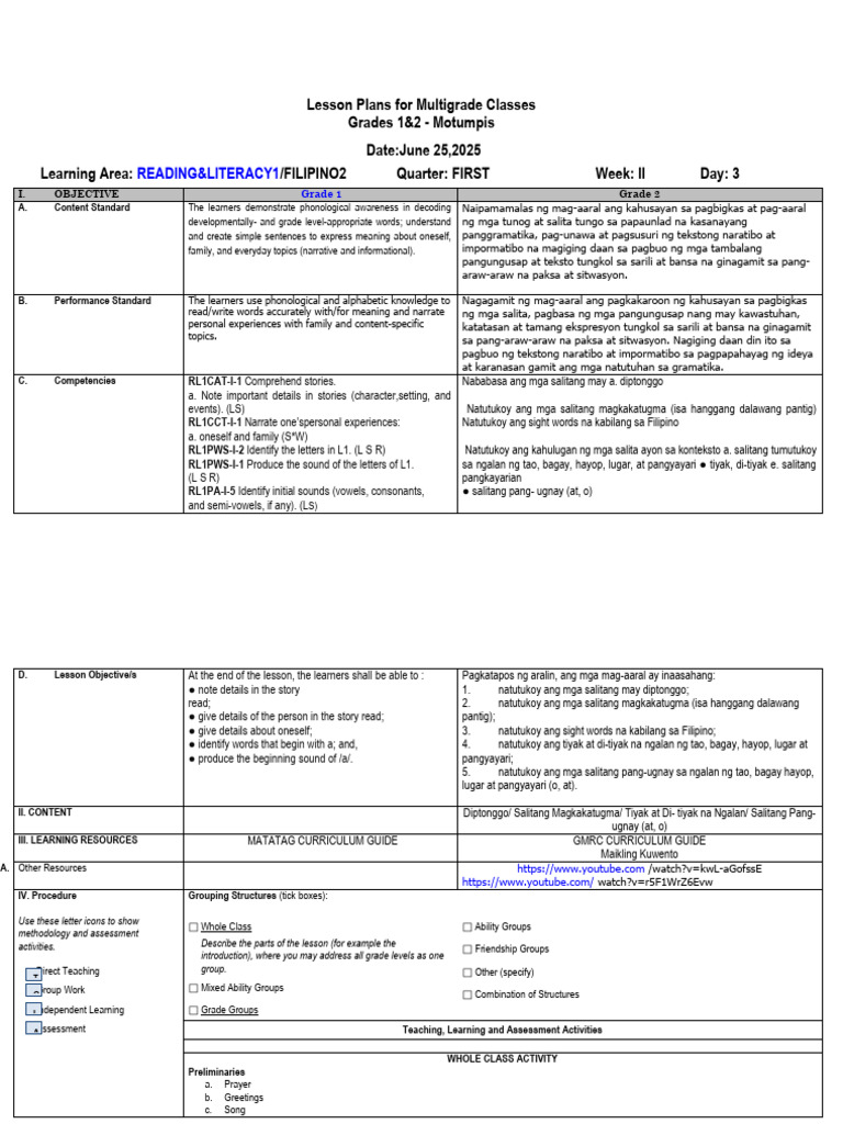 MG Day 3 Lesson Plan g1&g2 Reading 1 &fil2 | PDF