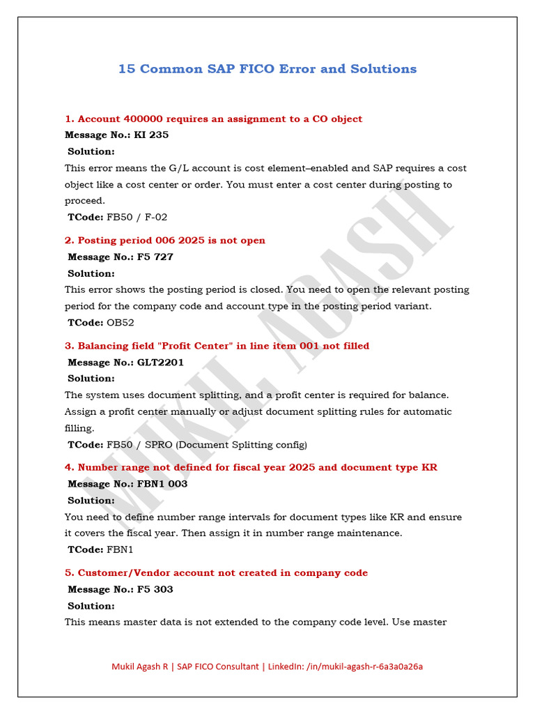 15 Common SAP FICO Error and Solutions | PDF