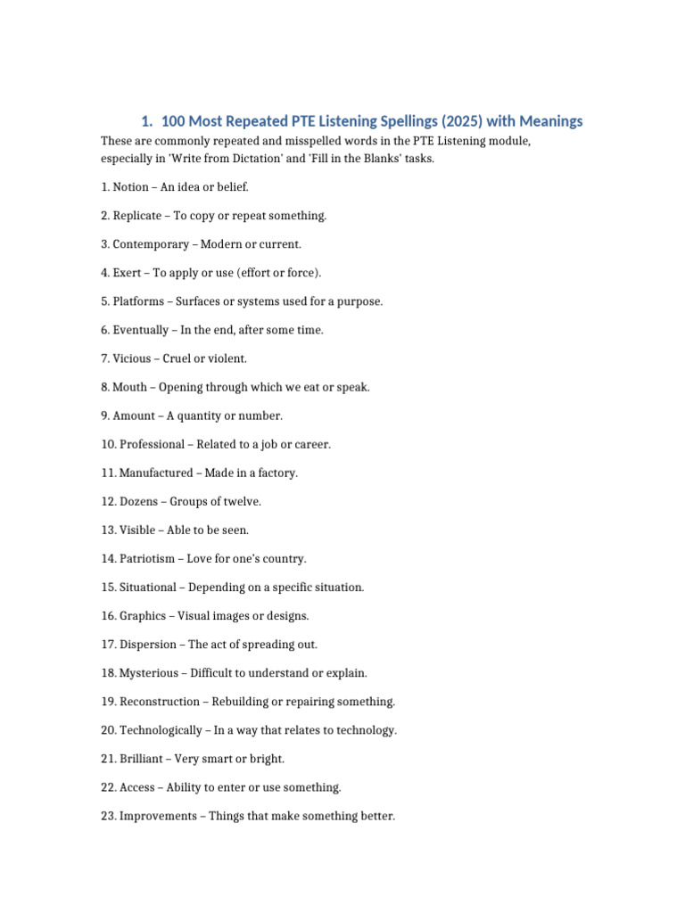 Top 100 PTE Listening Spellings 2025 | PDF