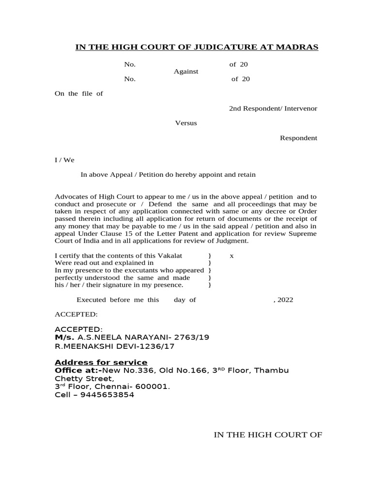 Criminal Vakalat for Madras High Court | PDF