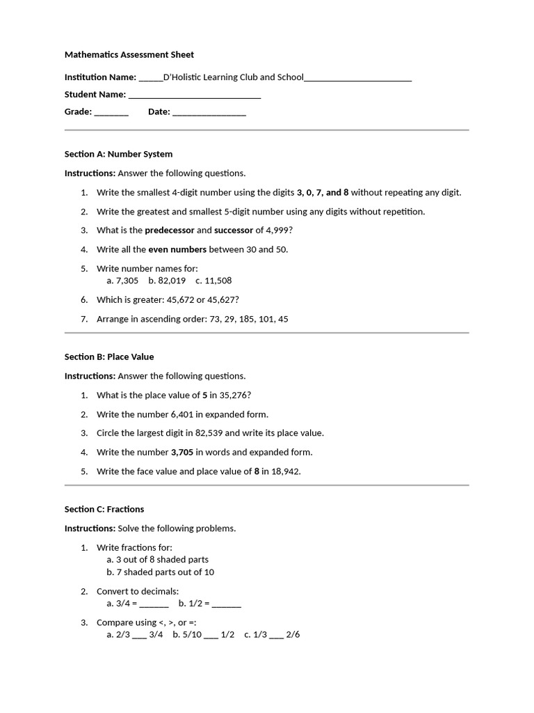 Mathematics Assessment Sheet for Students | PDF | Numbers | Odds
