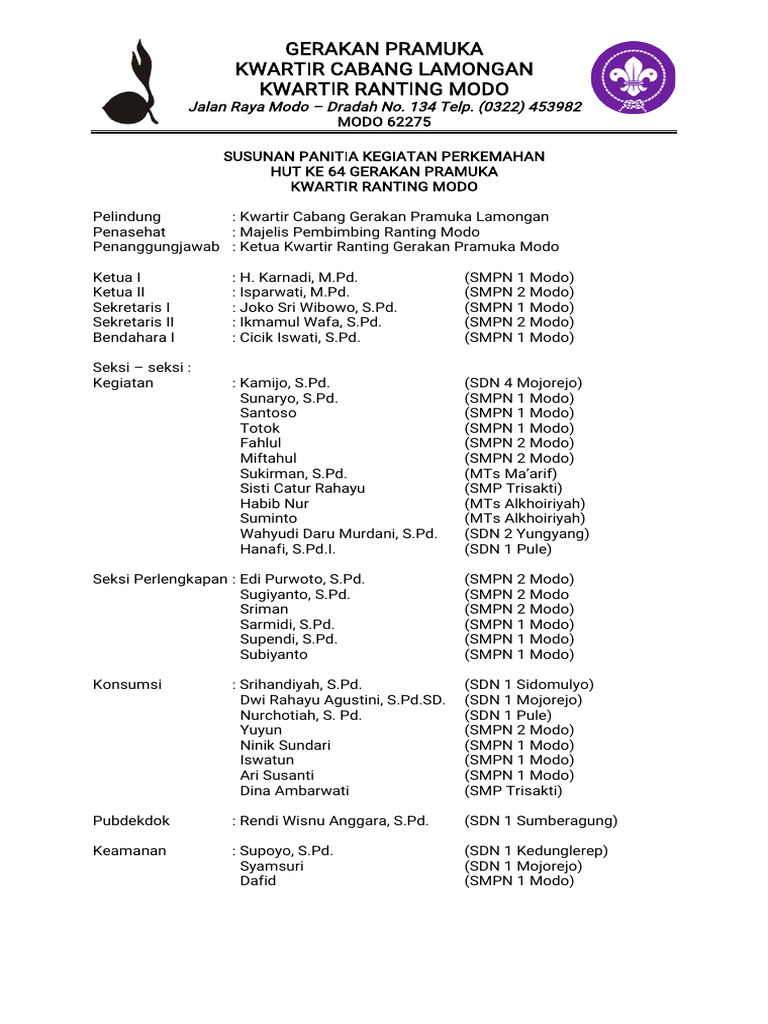 Susunan Panitia HUT Ke 64 Gerakan Pramuka | PDF