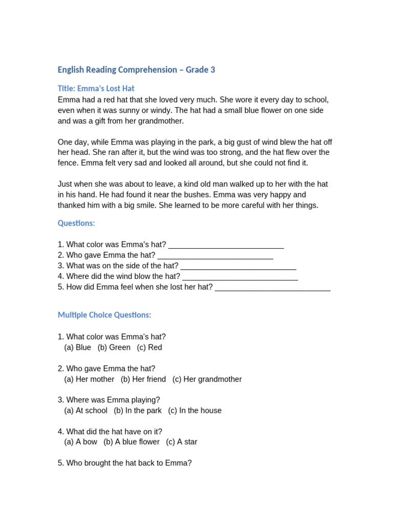 Emma Lost Hat Comprehension | PDF