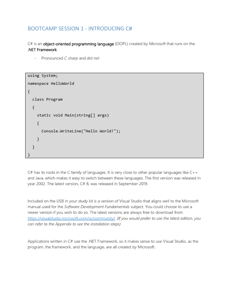 Session 1 - Intro To Visual Studio and C# | PDF | C Sharp (Programming ...