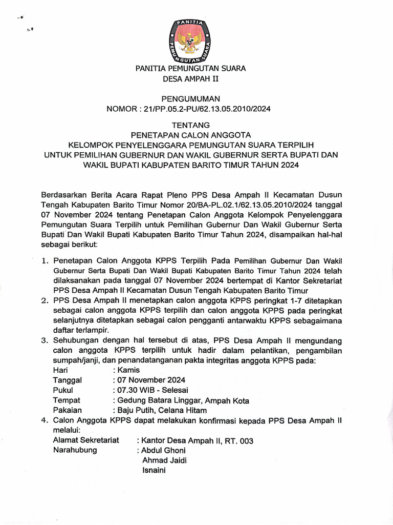 Pengumuman Penetapan KPPS Ampah II | PDF