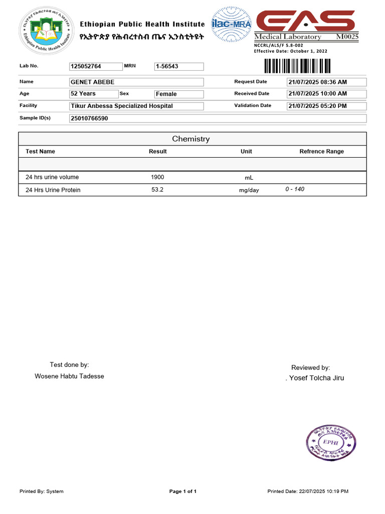 Urine Test Results for Genet Abebe | PDF