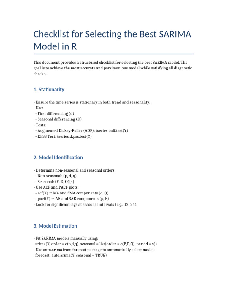SARIMA Model Selection Checklist | PDF