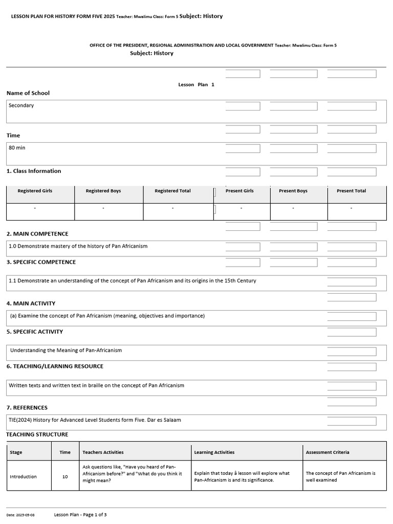Lesson Plan For History f5 - 2025-Mr Japhet | PDF | Pan Africanism | Learning