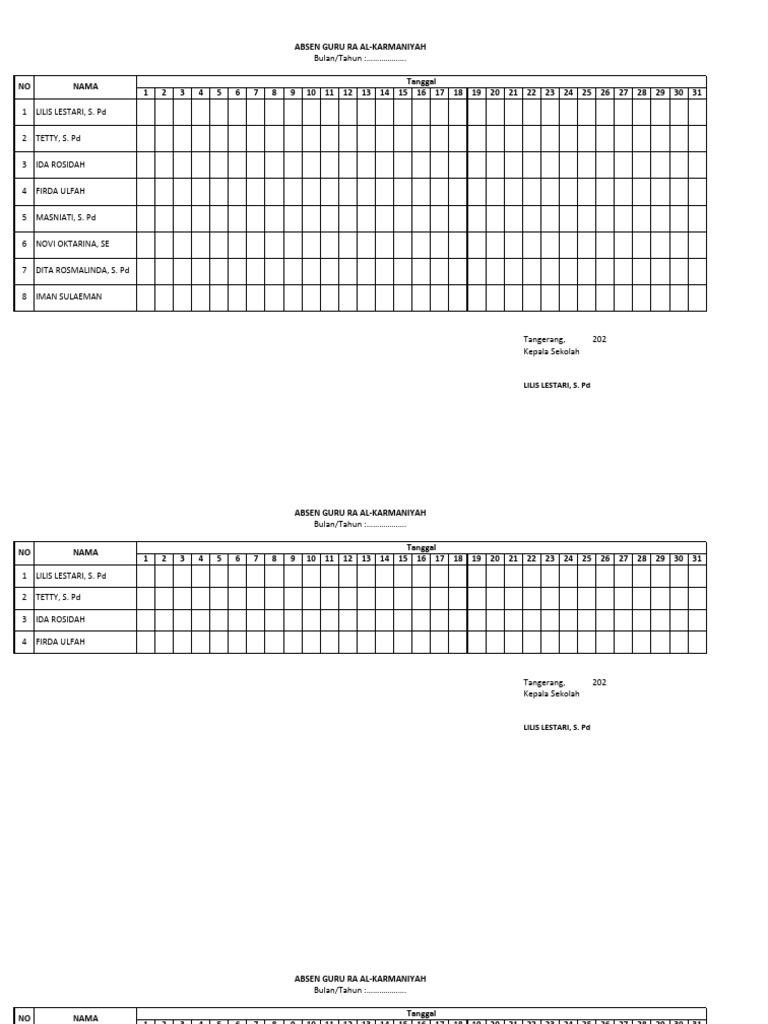Absen Guru RA Al-Karmaniyah Tangerang | PDF