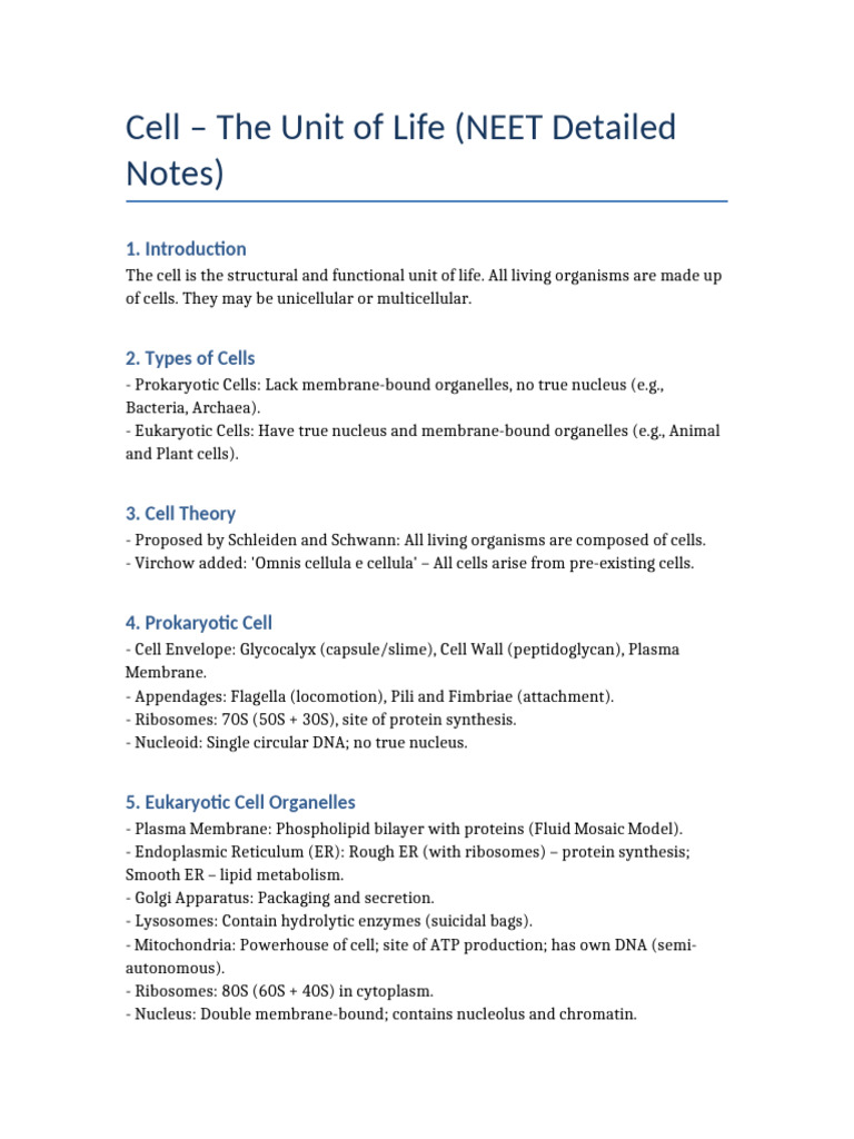 NEET Notes on Cell Structure and Function | PDF