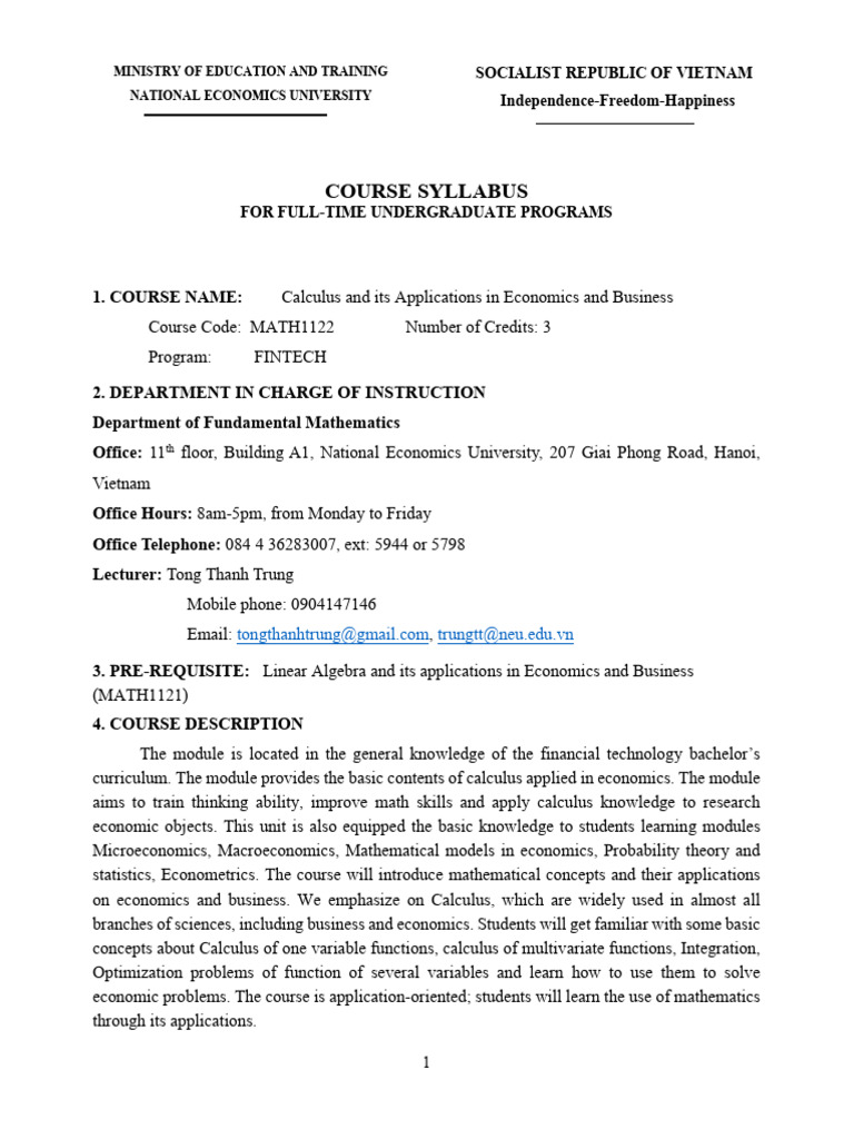 Syllabus Calculus FINTECH2023 | PDF | Derivative | Integral