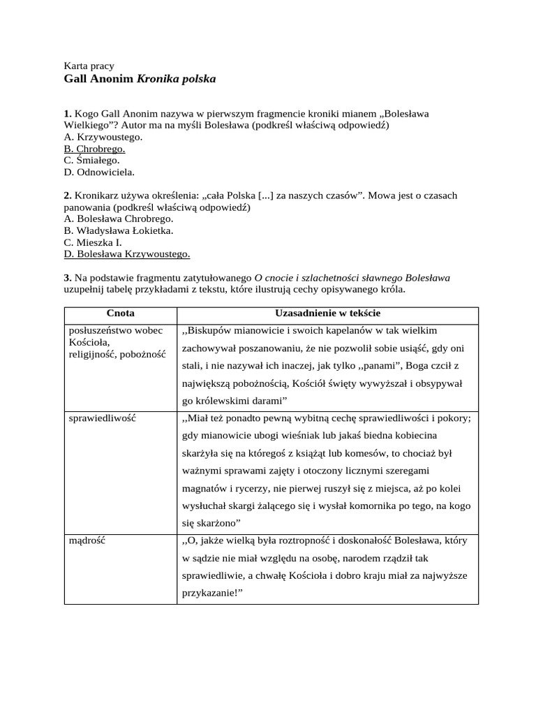 Karta Pracy - Gall Anonim - Kronika Polska | PDF