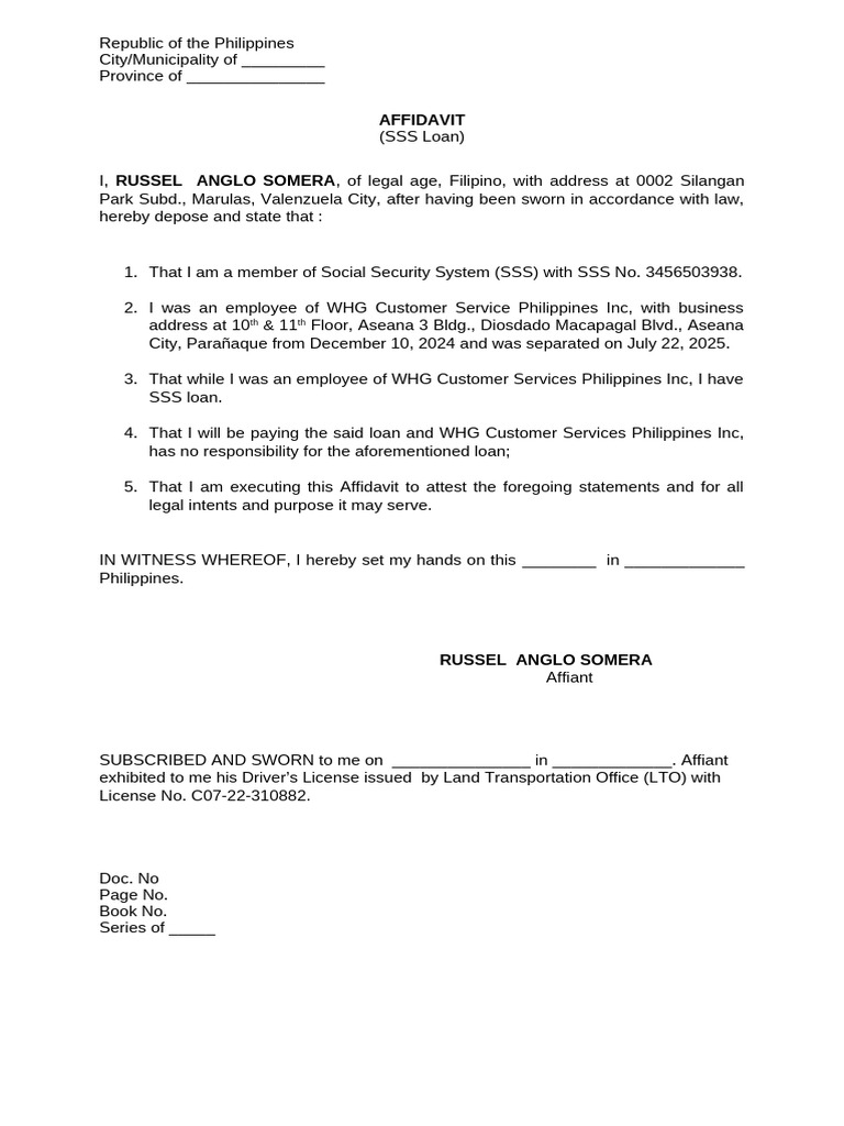 Sample Affidavit SSS | PDF