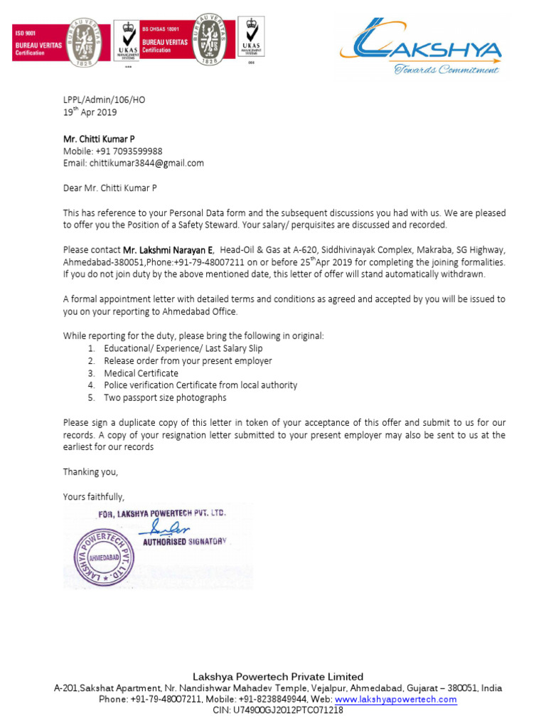 Employment Offer for Safety Steward | PDF