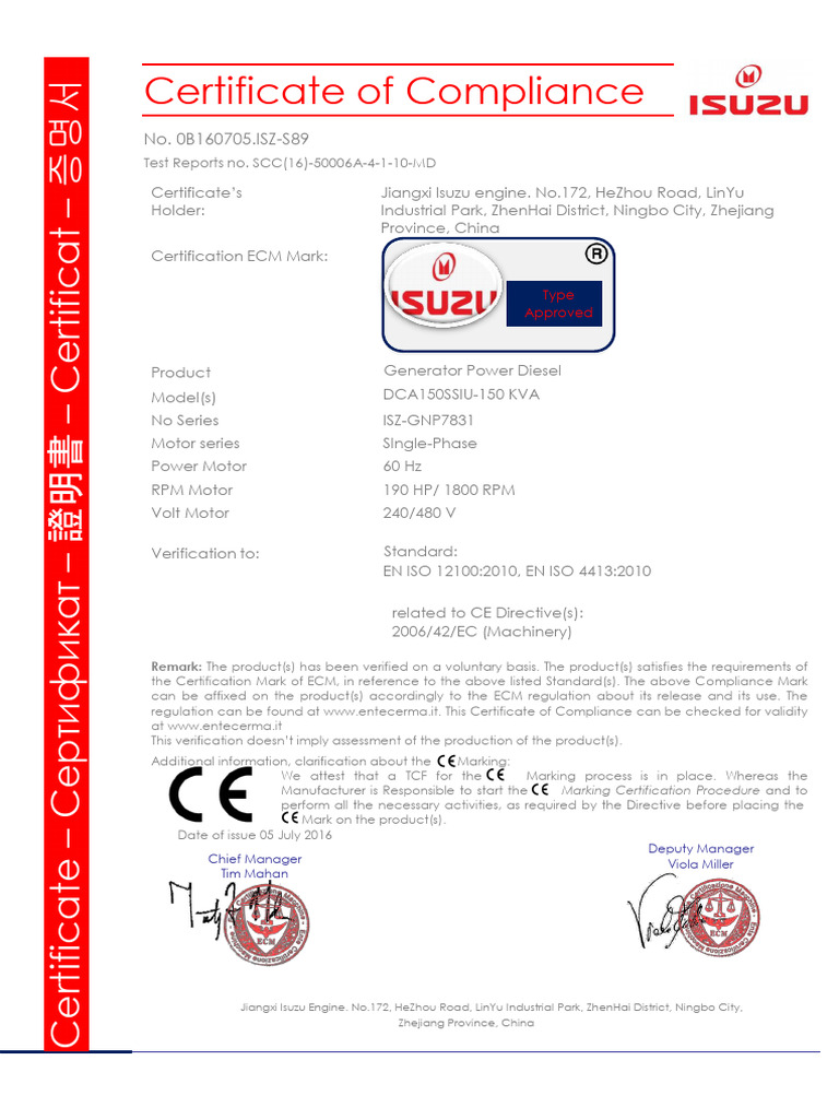 Isuzu Generator Compliance Certificate | PDF | Verification And Validation