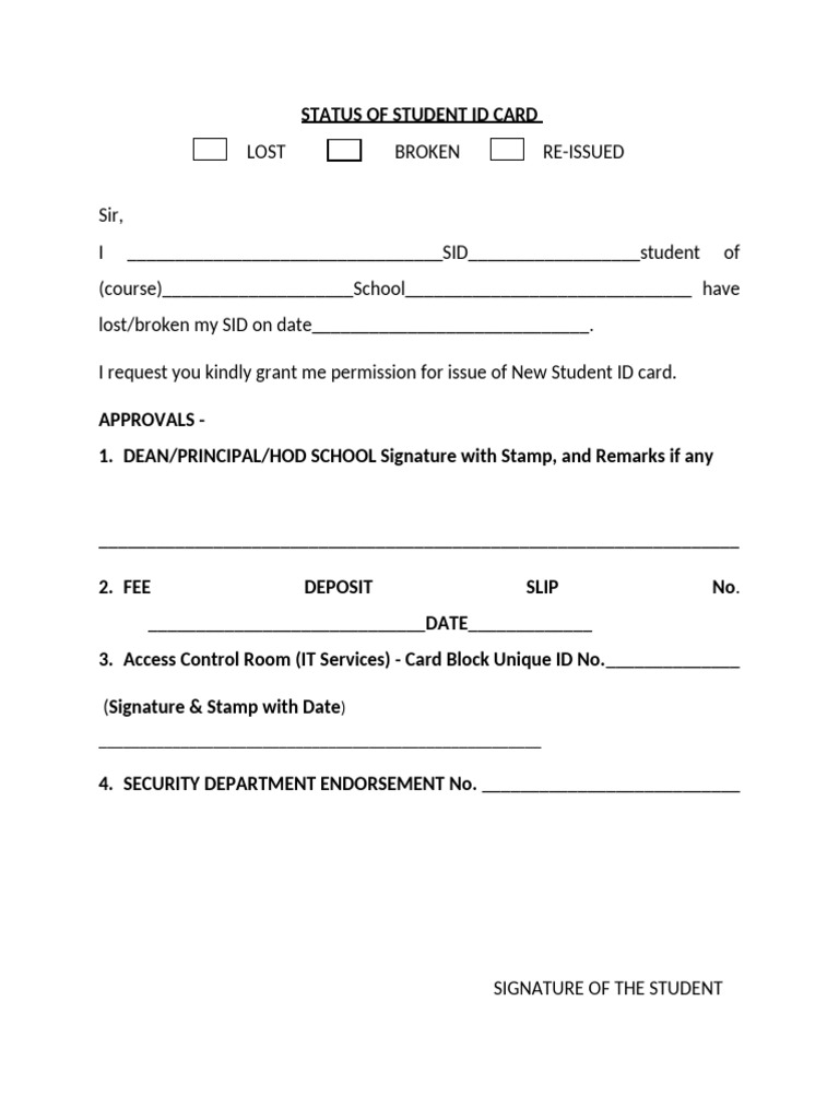 Permission For Reissue of Student ID Card. | PDF