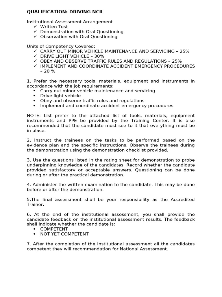 Institutional Assessment Arrangement DRIVING NCII | PDF | Driving | Traffic Light