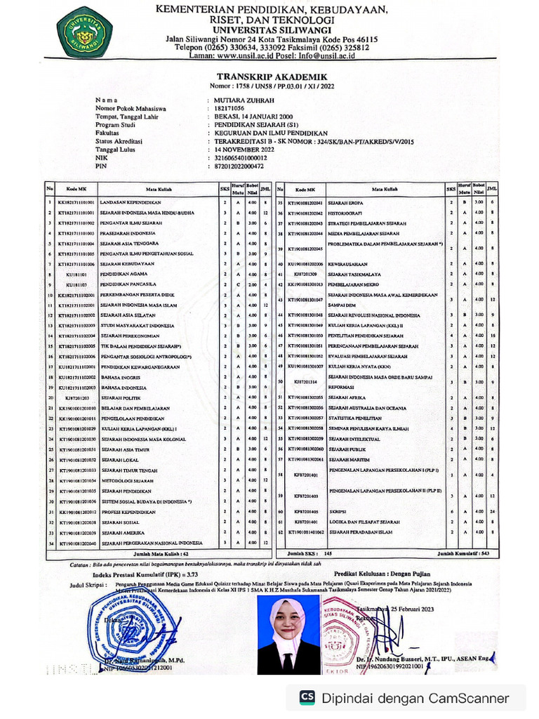 Scan Transkip Nilai_Mutiara Zuhrah | PDF