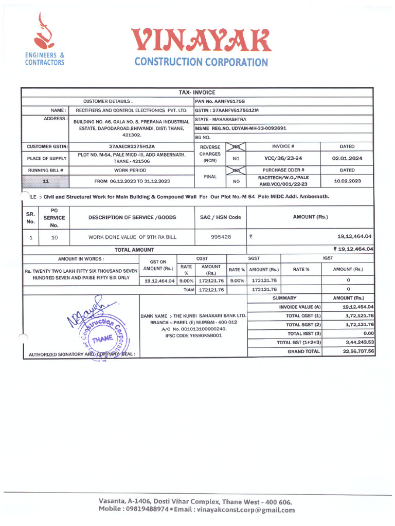 11 Th Ra Bill Tax-Invoice No. 36 of M-64 Plot | PDF