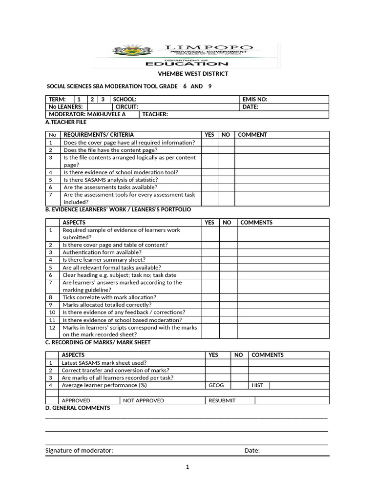 Social Sciences Sba Moderation Tool | PDF