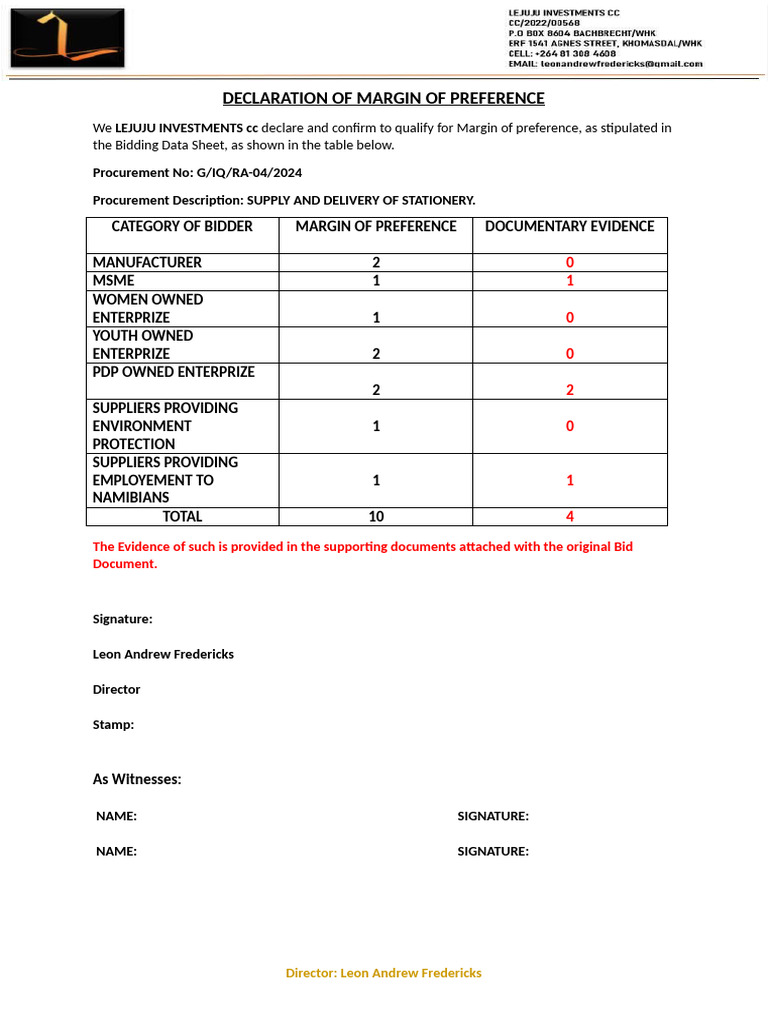 LEJUJU INVESTMENTS CC J Margin of Preference Declaration | PDF