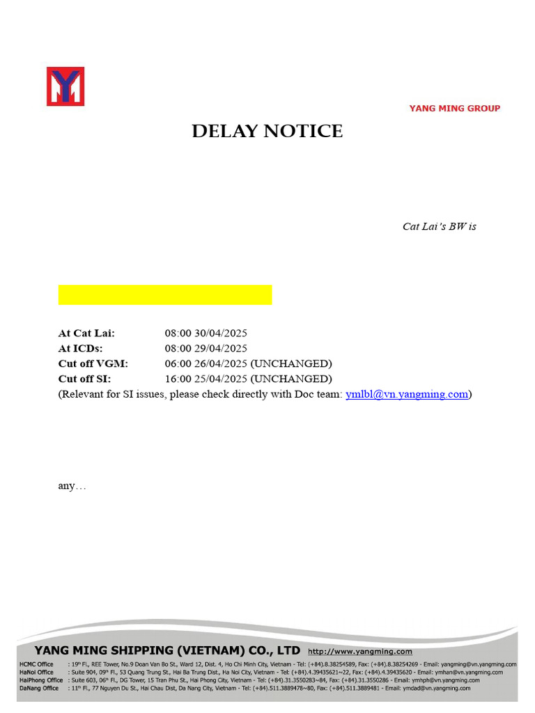 YM Certainty Delay Notice - New ETD 01 May | PDF