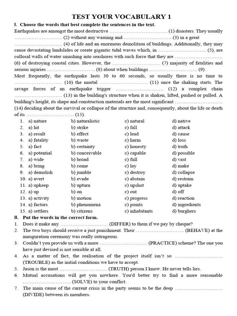 Vocabulary Test: Earthquake Impact | PDF | Tsunami