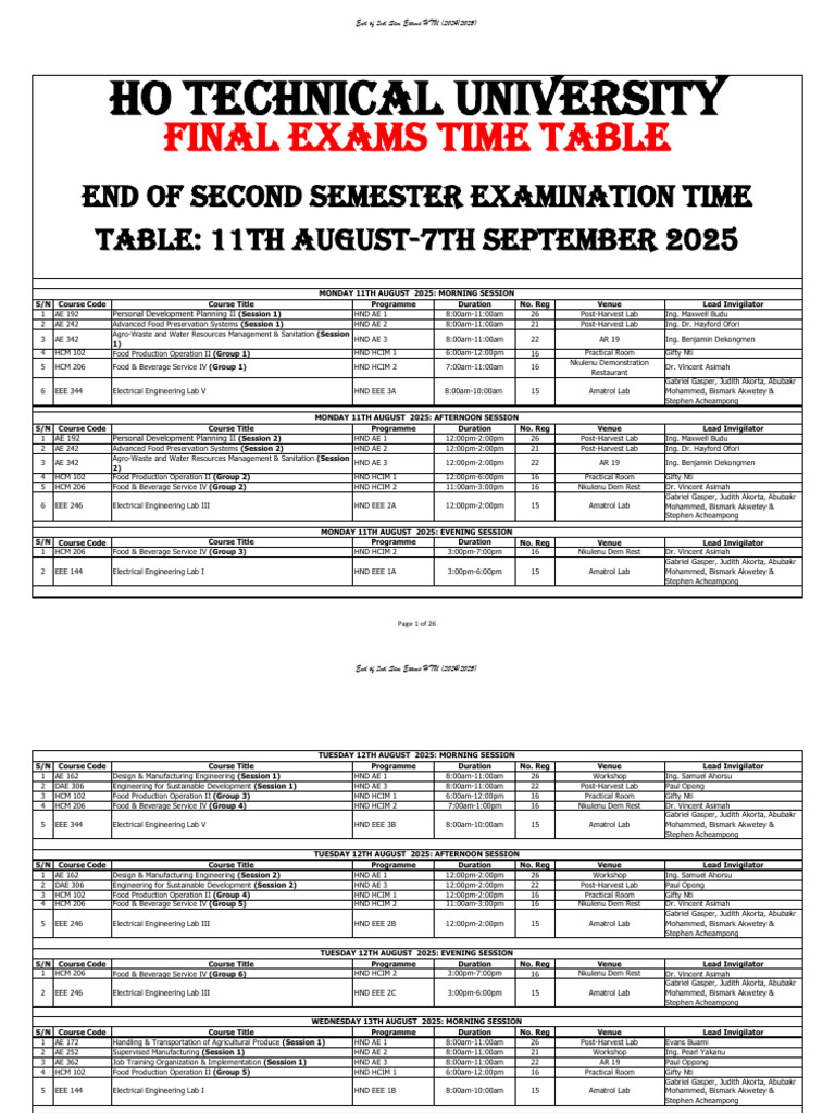 FINAL End of 2nd Sem Exams Timetable - 7thaugust2025 | PDF