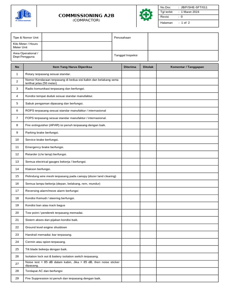 Form Commisioning A2b Compactor | PDF