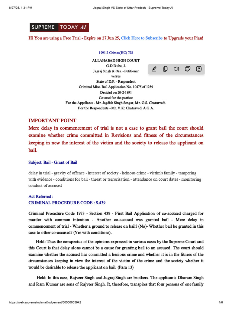 1991 (2) Crimes 728, Jagraj Singh .V. State of UP | PDF | Bail ...