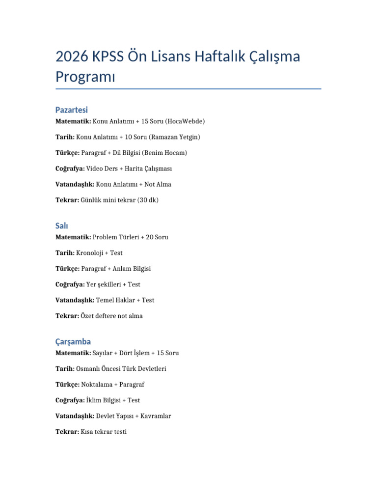 2026 KPSS Haftalik Program | PDF