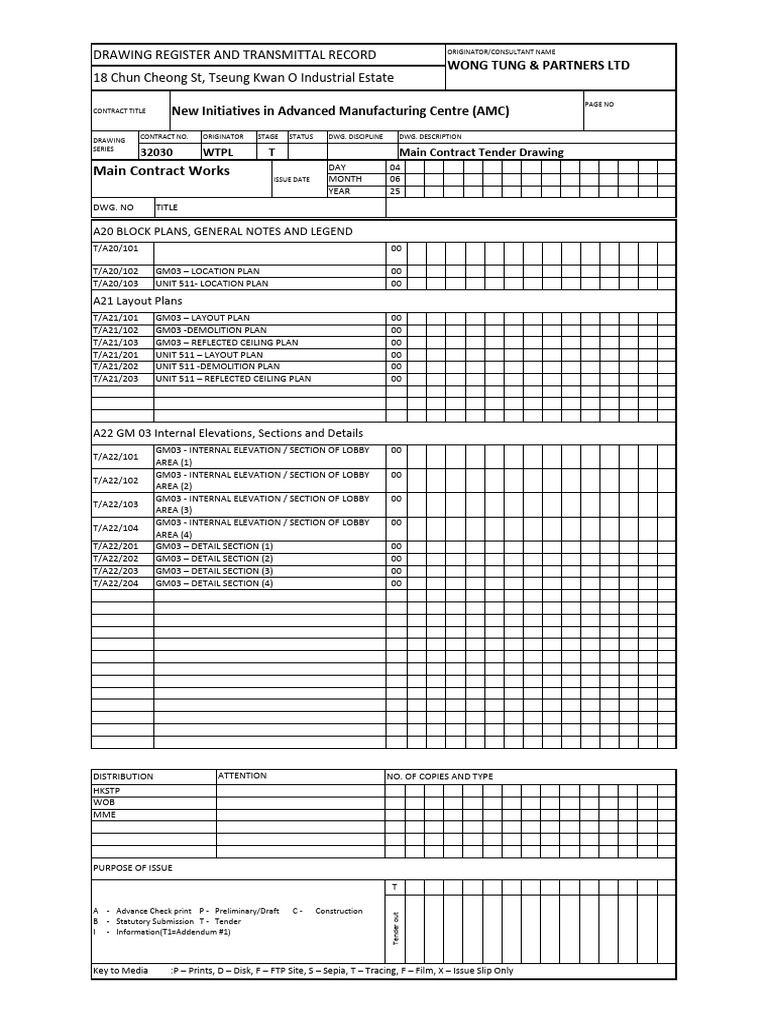 Main Contract Tender Drawing Register | PDF