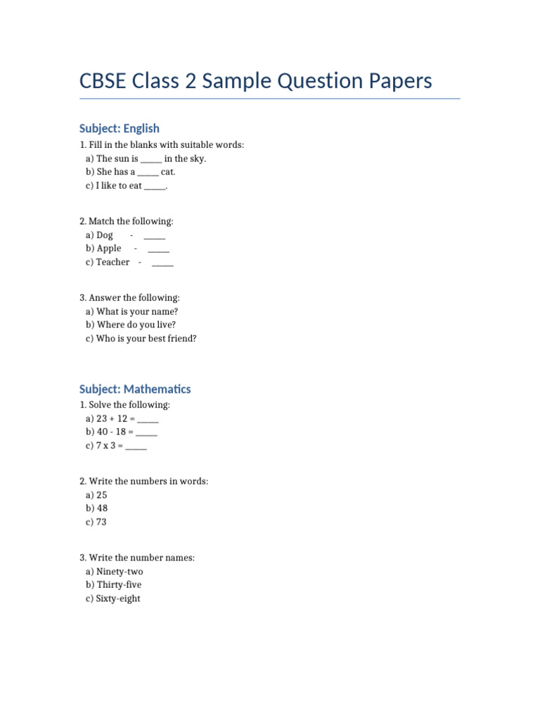 CBSE Class 2 Sample Question Papers | PDF