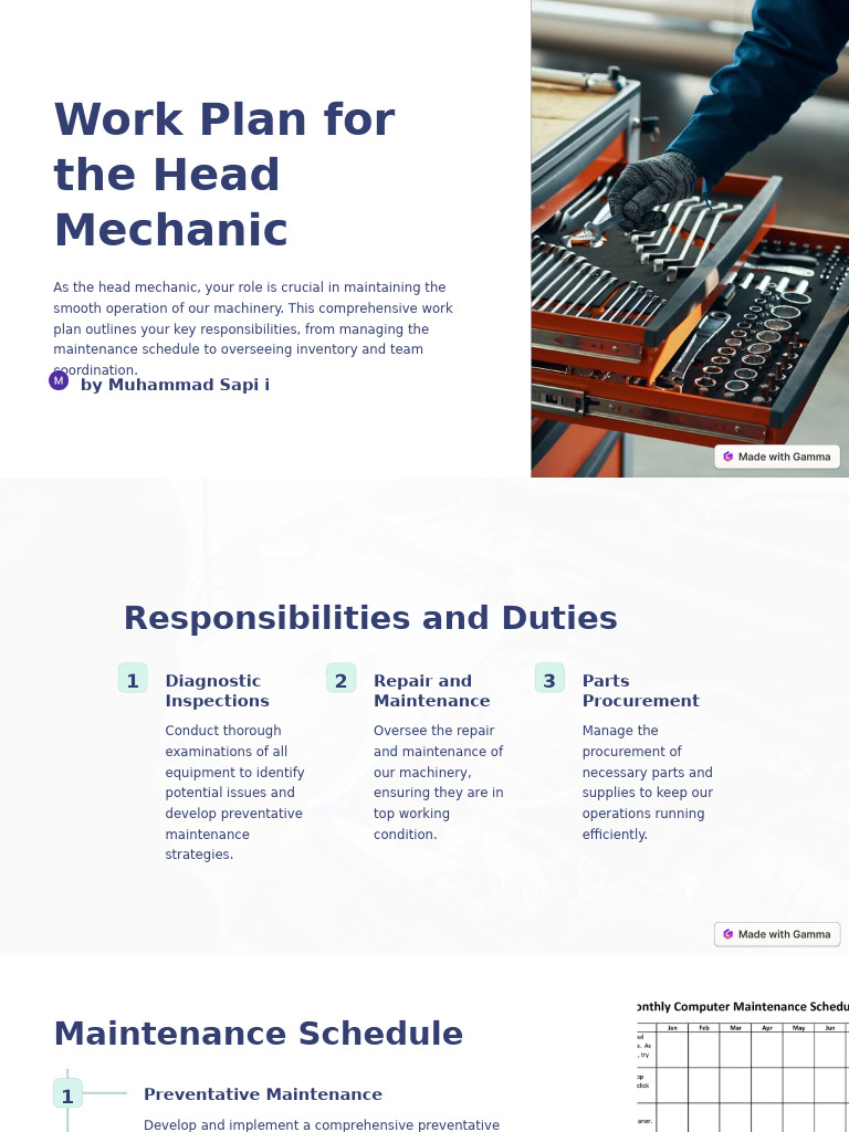 Work Plan For The Head Mechanic | PDF | Budget | Lean Manufacturing