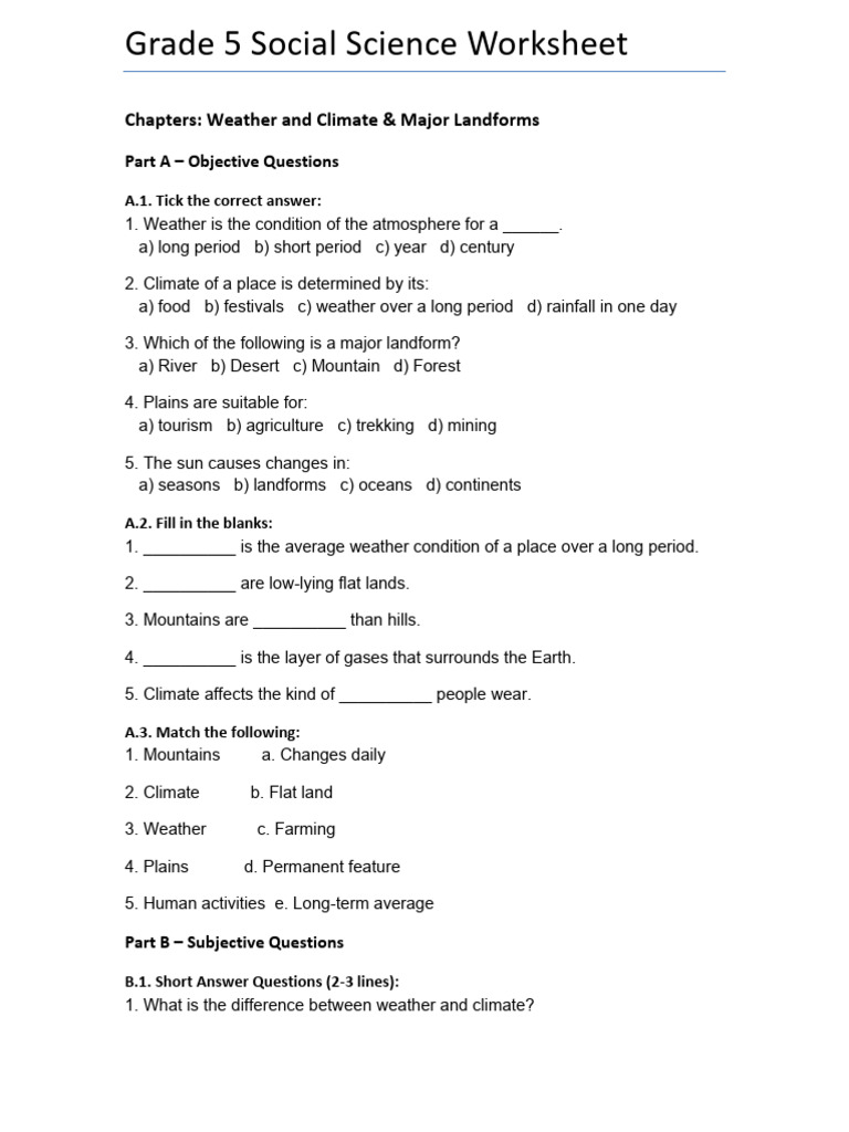 Grade 5 Weather and Landforms Worksheet | PDF | Weather | Mountains