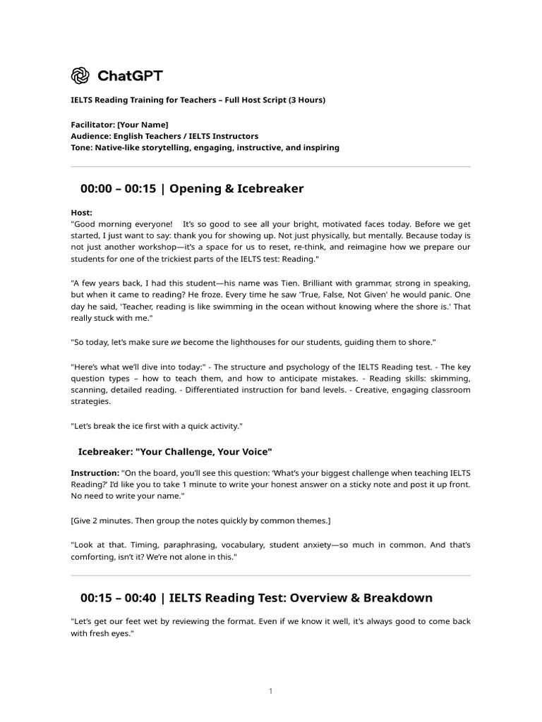 IELTS Reading Workshop for Teachers | PDF | Learning | Human Communication
