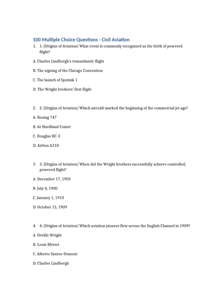 Civil Aviation: 100 Quiz Questions | PDF | Aviation | Aircraft