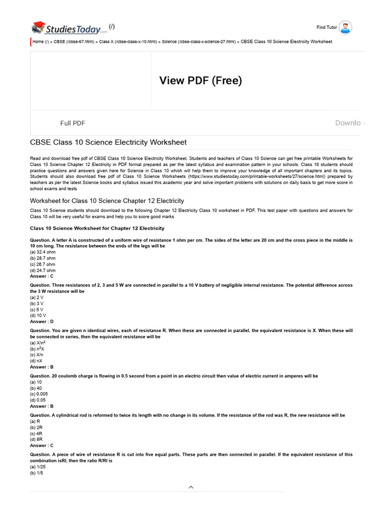 Class 10 Electricity Worksheet PDF | PDF | Electric Current ...