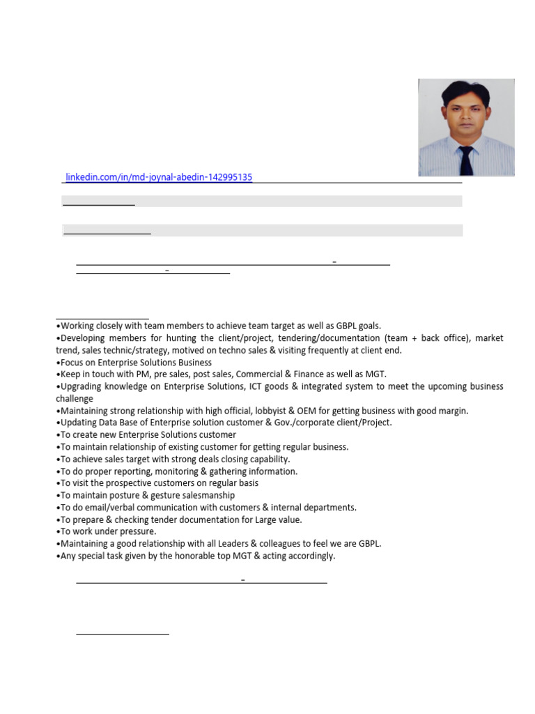 CV of MD Joynal Abedin JOY | PDF | Sales