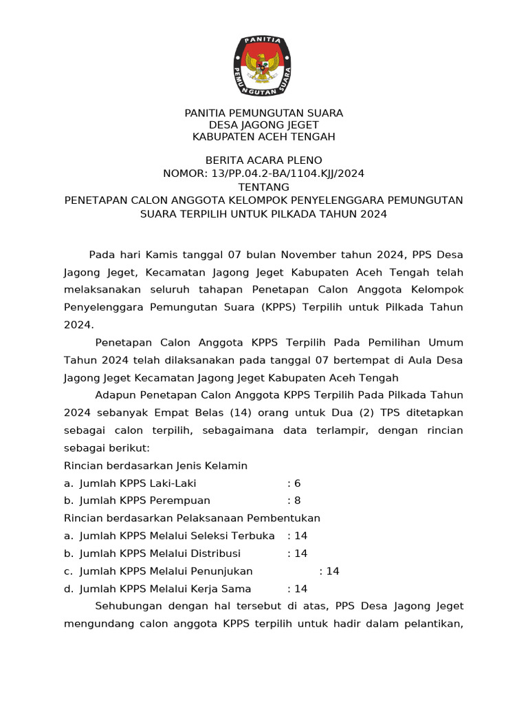 Berita Acara Pps Penetapan Kpps Terpilih | PDF