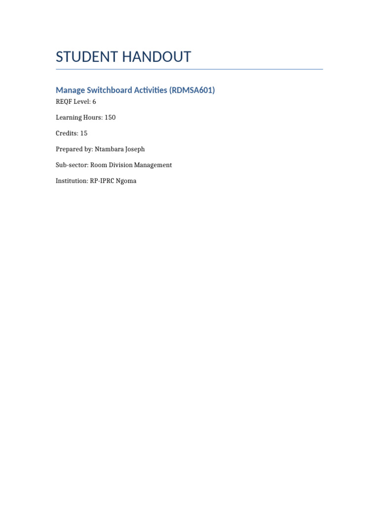 Manage Switchboard Activities Handout | PDF | Learning | Communication