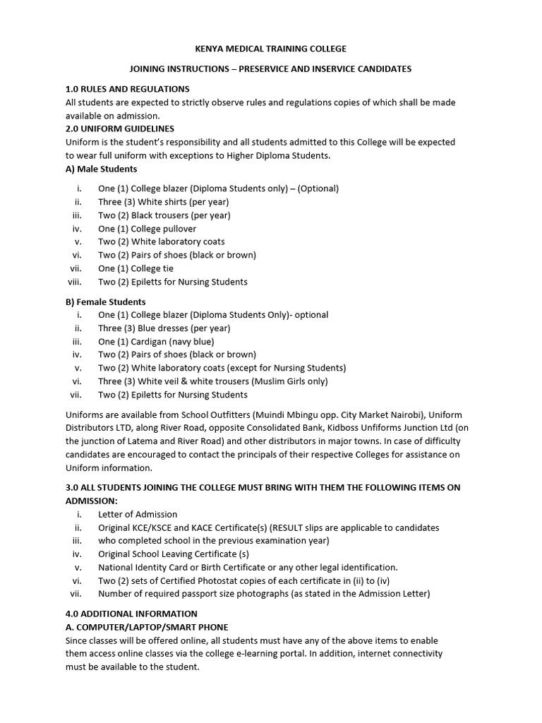 Joining Instructions For New Students | PDF | Identity Document | Textbook