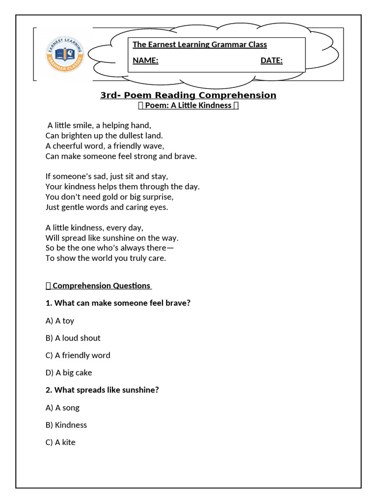 Grade 3 Poem Comprehension Activities | PDF