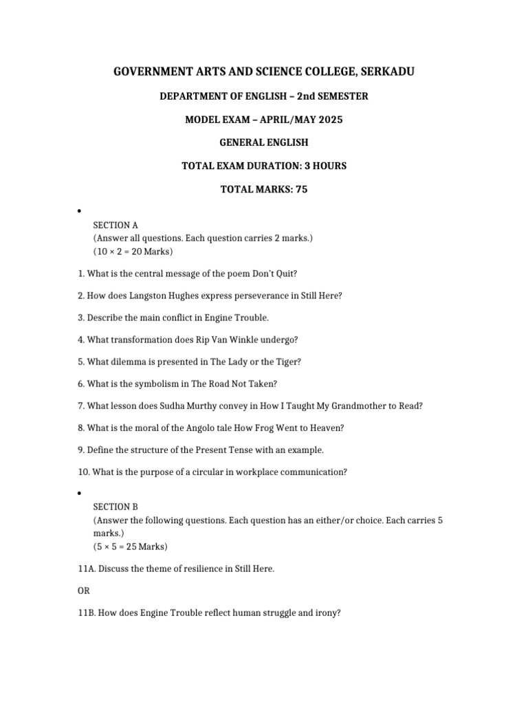 General English Sem2 Model Exam | PDF