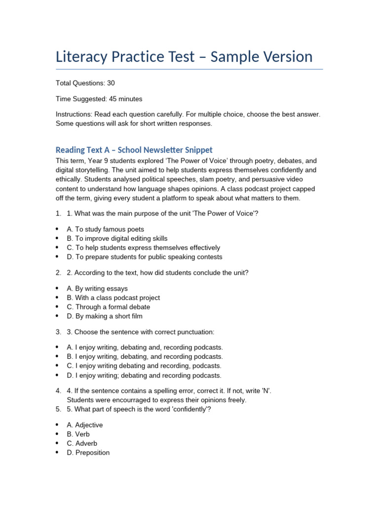 Literacy Test Sample Questions & Answers | PDF | Linguistics | Grammar