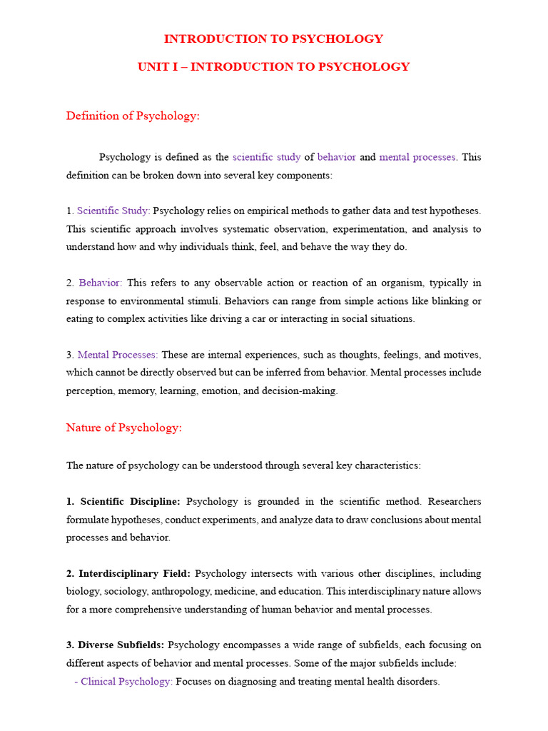 Intro To Psychology - Unit I | PDF | Psychology | Behaviorism