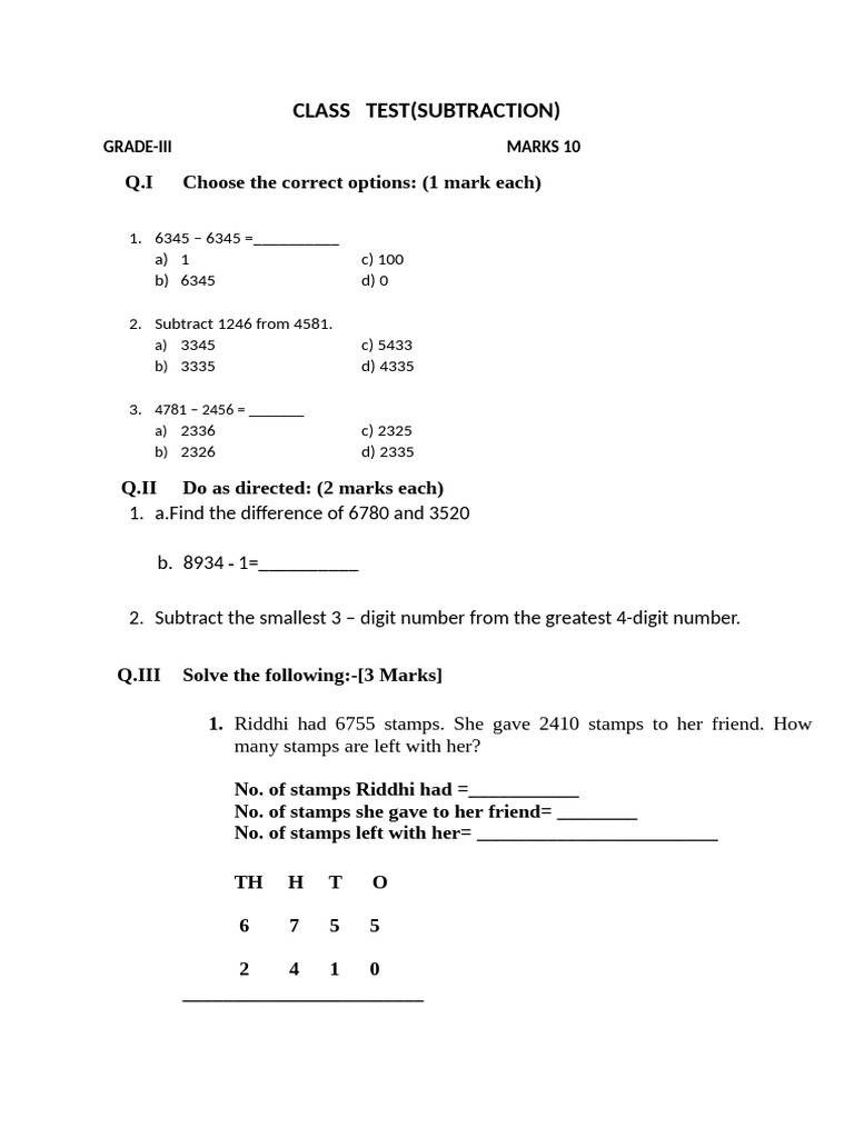 Grade-3 Subtraction CT | PDF